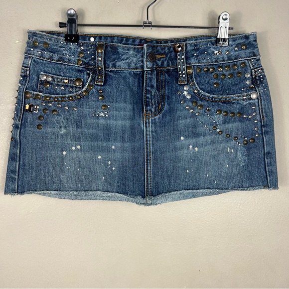 Vintage | Skirts | Y2k Bedazzled Rhinestones Mini Low Waist Denim Skirt ...